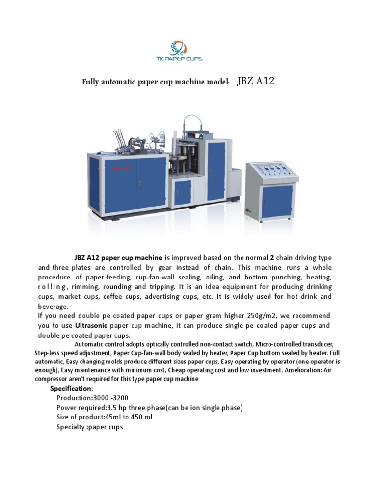 JBZ A12 Fully Automatic Paper Cup Machine | PDF | Paper | Manufactured ...