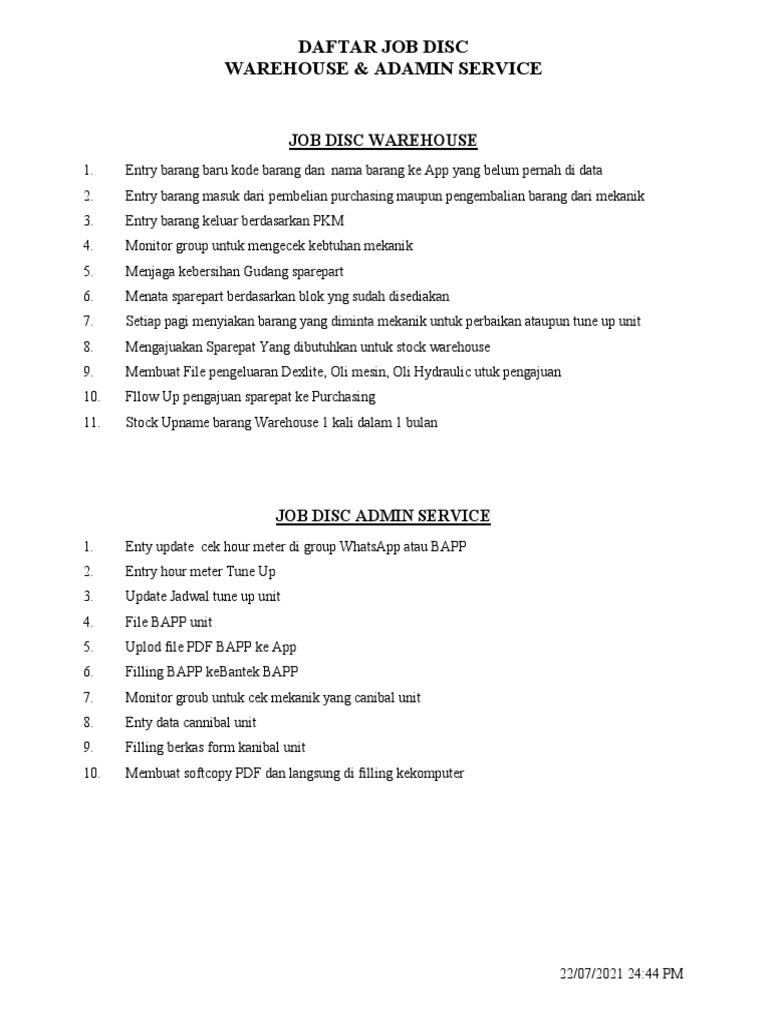 Job Disc Warehouse & Admin Service | PDF