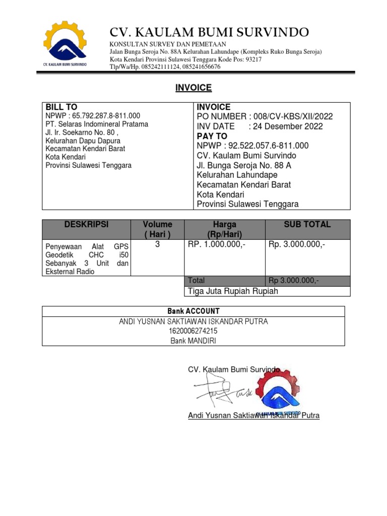 Invoice Penyewaan Alat GPS Kendari | PDF