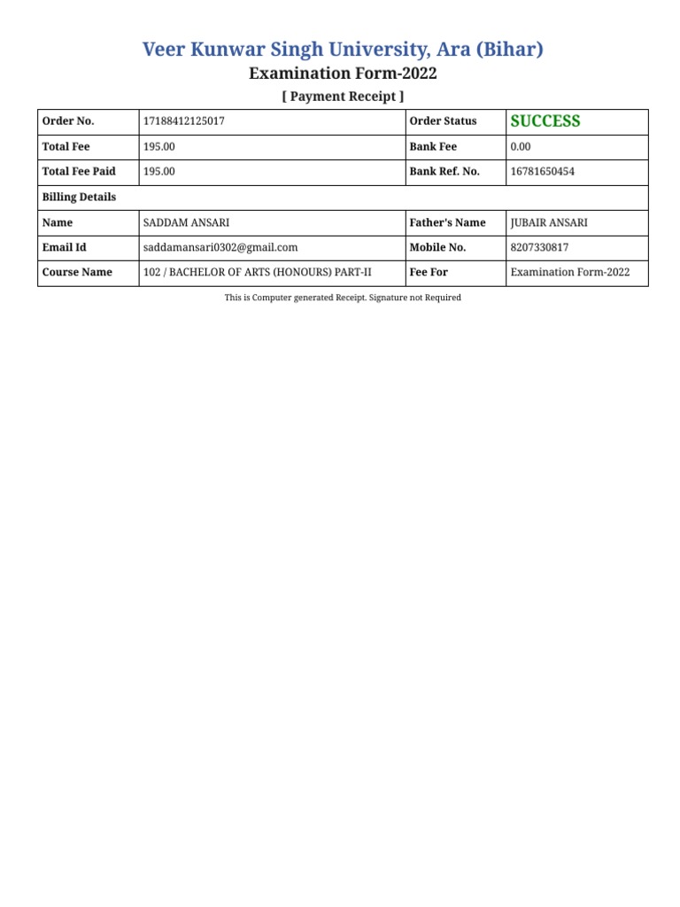 Examination Fee Receipt 2022 | PDF | Finance & Money Management