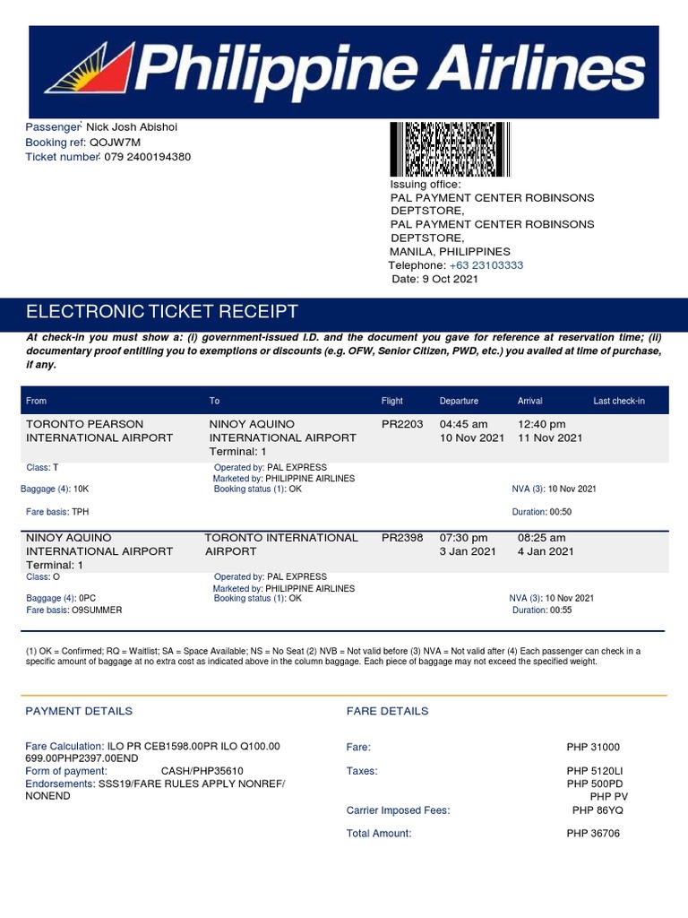 Philippine Airlines e-ticket receipt | PDF | Transport