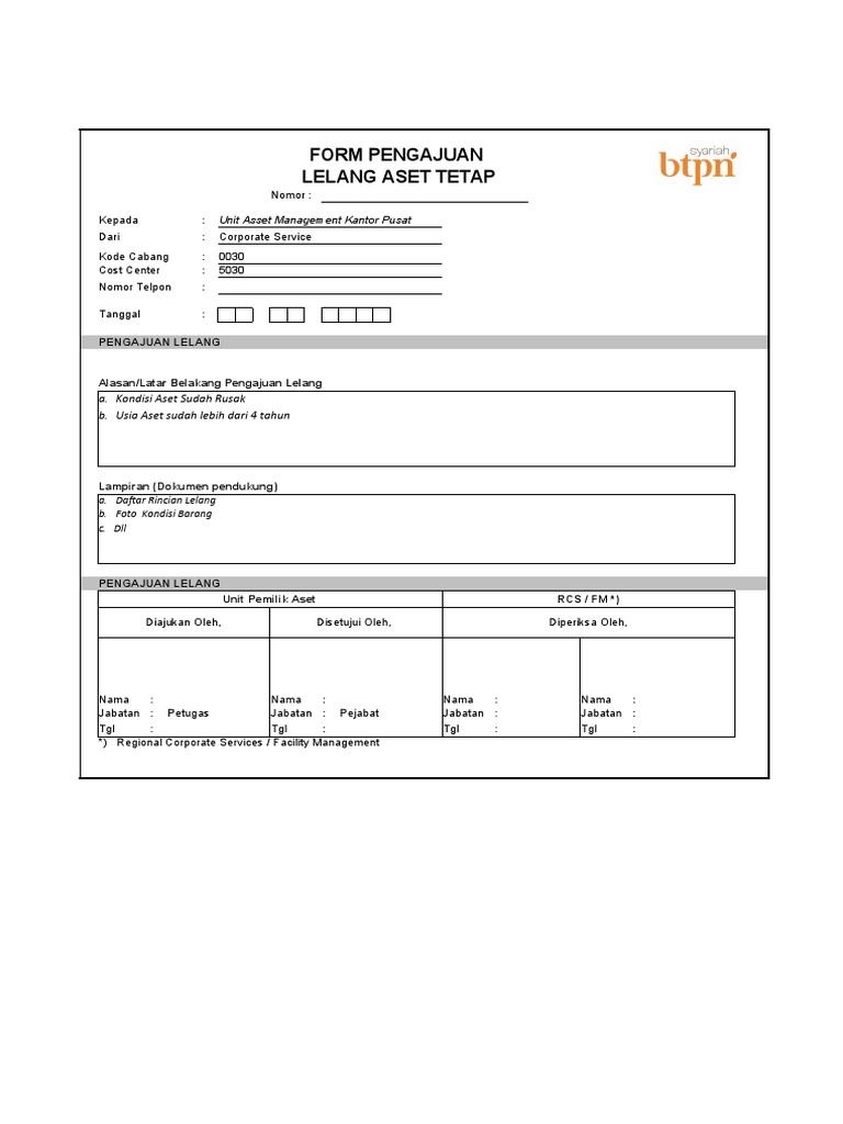 Pengajuan Lelang Aset Tetap BTPN | PDF