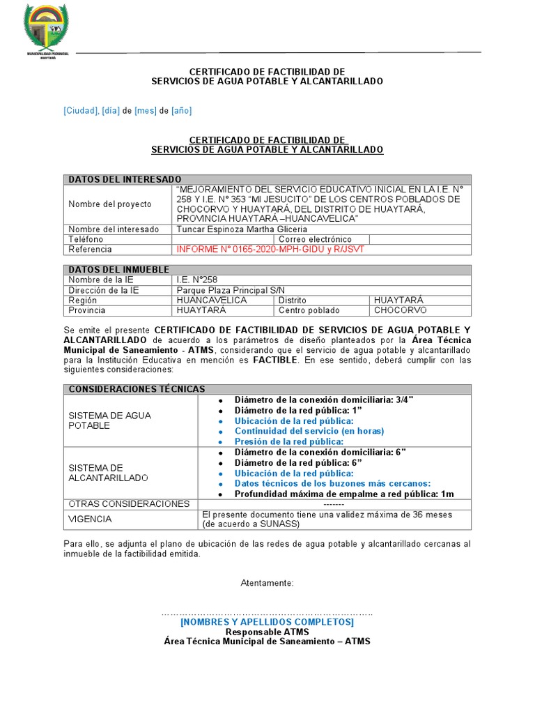 Certificado de Factibilidad de Agua y Alcantarillado | PDF | Alcantarillado | Ingeniería hidráulica