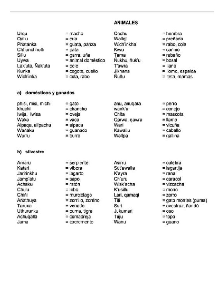 Animales en Aymara | PDF
