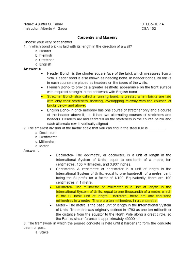 Carpentry and Masonry Tabay Assignment | PDF | Masonry | Lumber