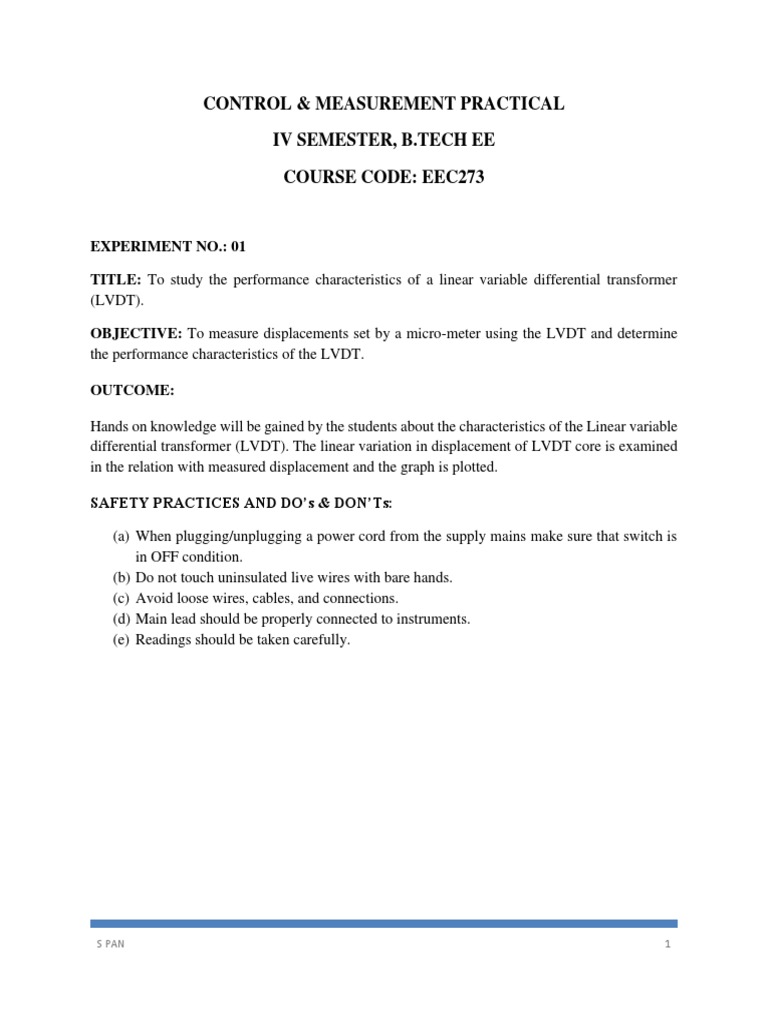 Control & Measurement Practical Iv Semester, B.Tech Ee Course Code: Eec273 | PDF | Physical ...
