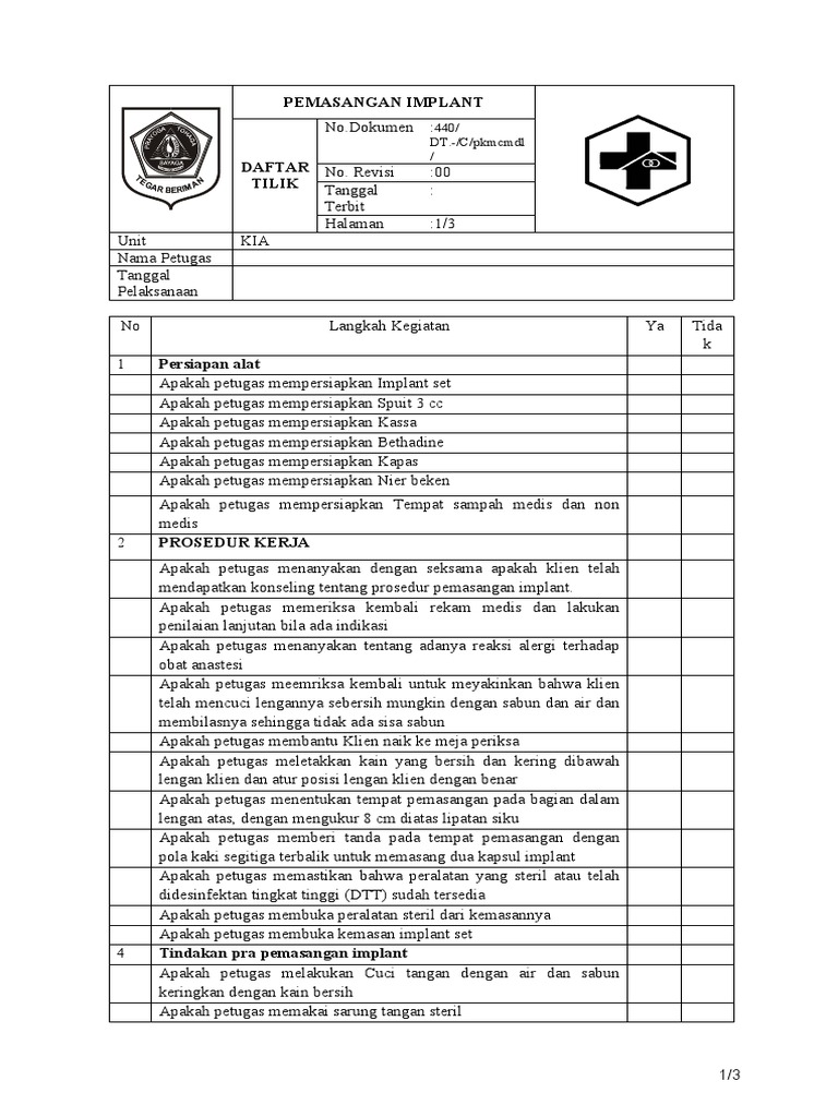 Daftar Tilik Pemasangan Implant | PDF