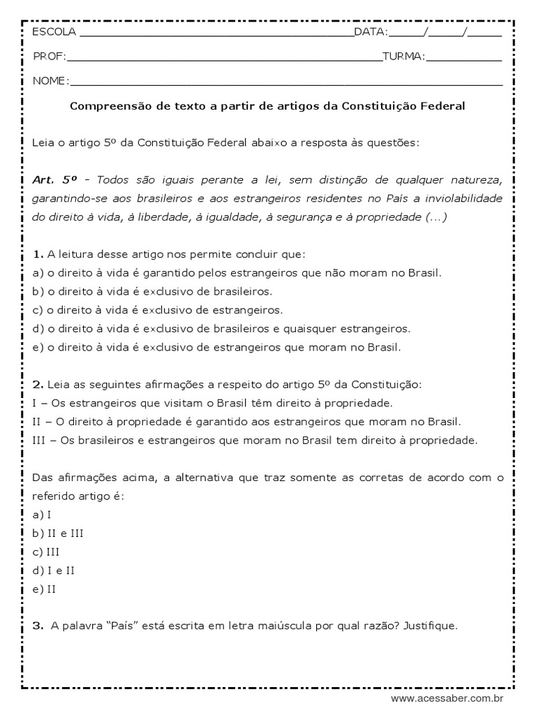 Atividades sobre Artigos 5 e 6 da CF | PDF | Constituição | Bem-estar ...