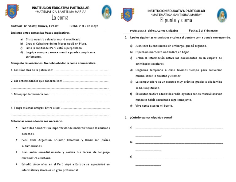 Actividades de uso de comas y punto y coma | PDF