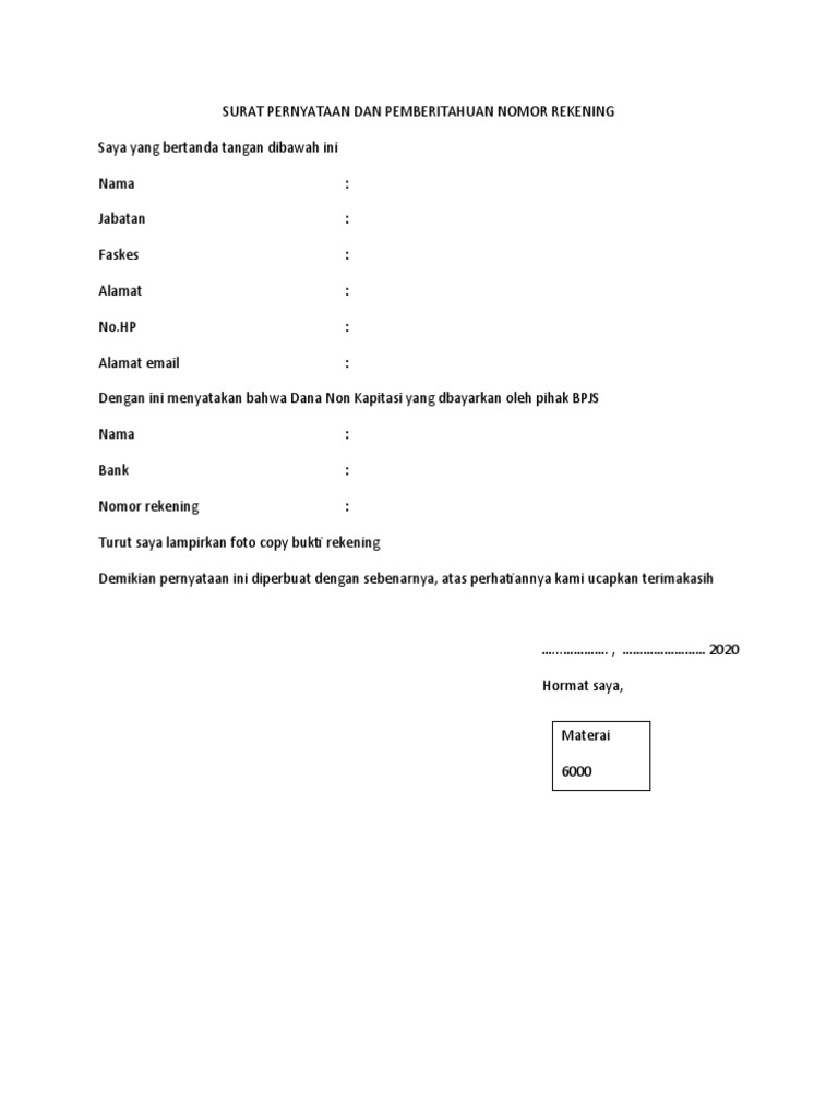 Surat Pernyataan Dan Pemberitahuan Nomor Rekening | PDF