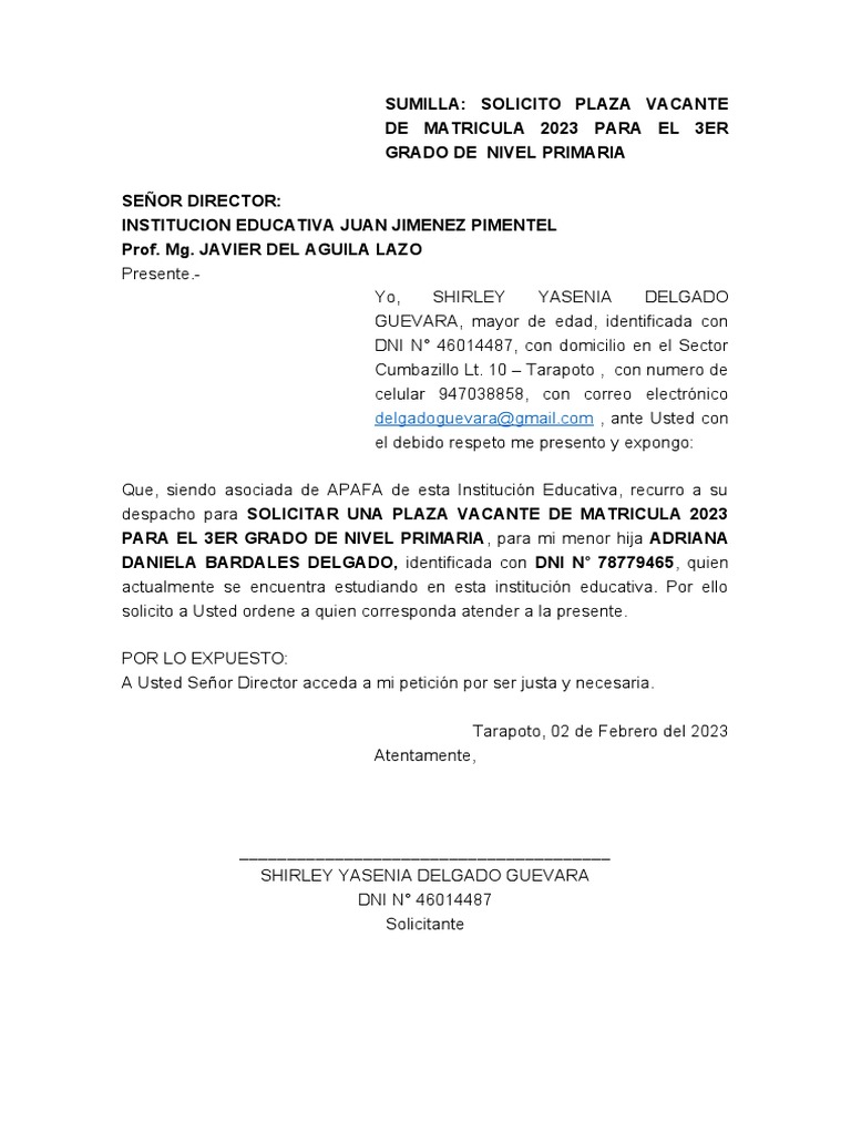 Sumilla Solicito Plaza Vacante de Matricula 2023 | PDF