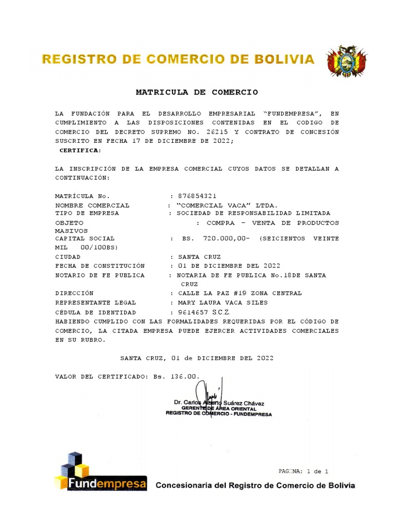 Registro de Comercio de Bolivia | PDF