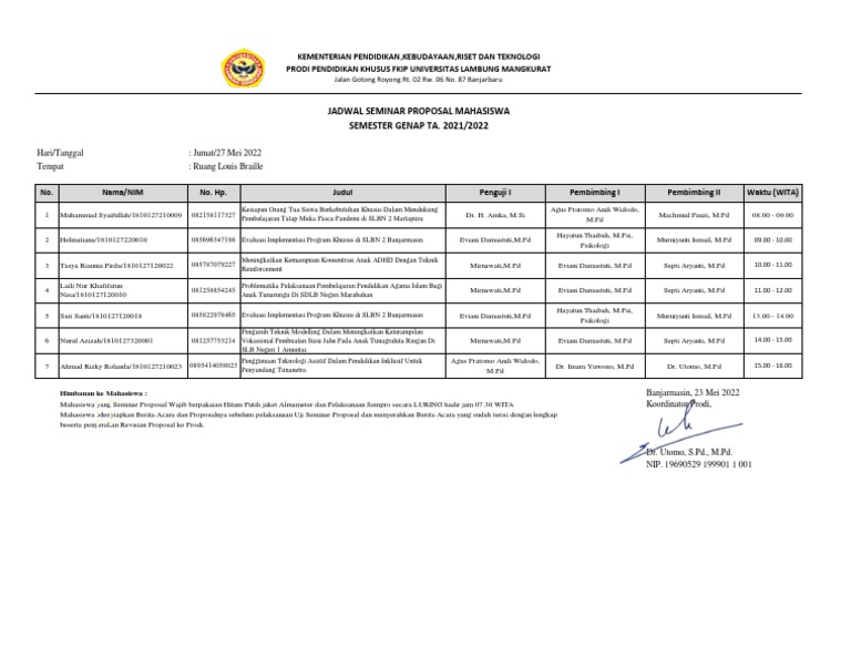 Jadwal Sempro 2022 Ke 9 - 27 Mei 2022 | PDF