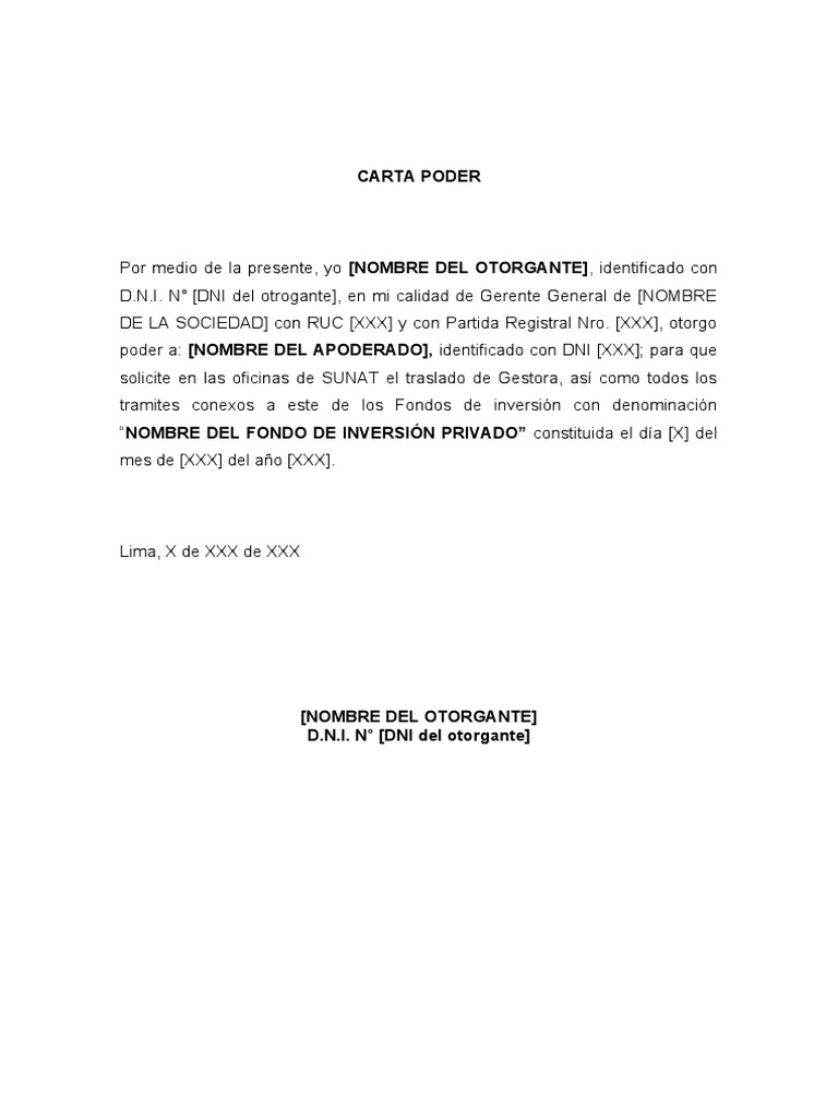 MODELO - Carta Poder Traslado de Gestora | PDF