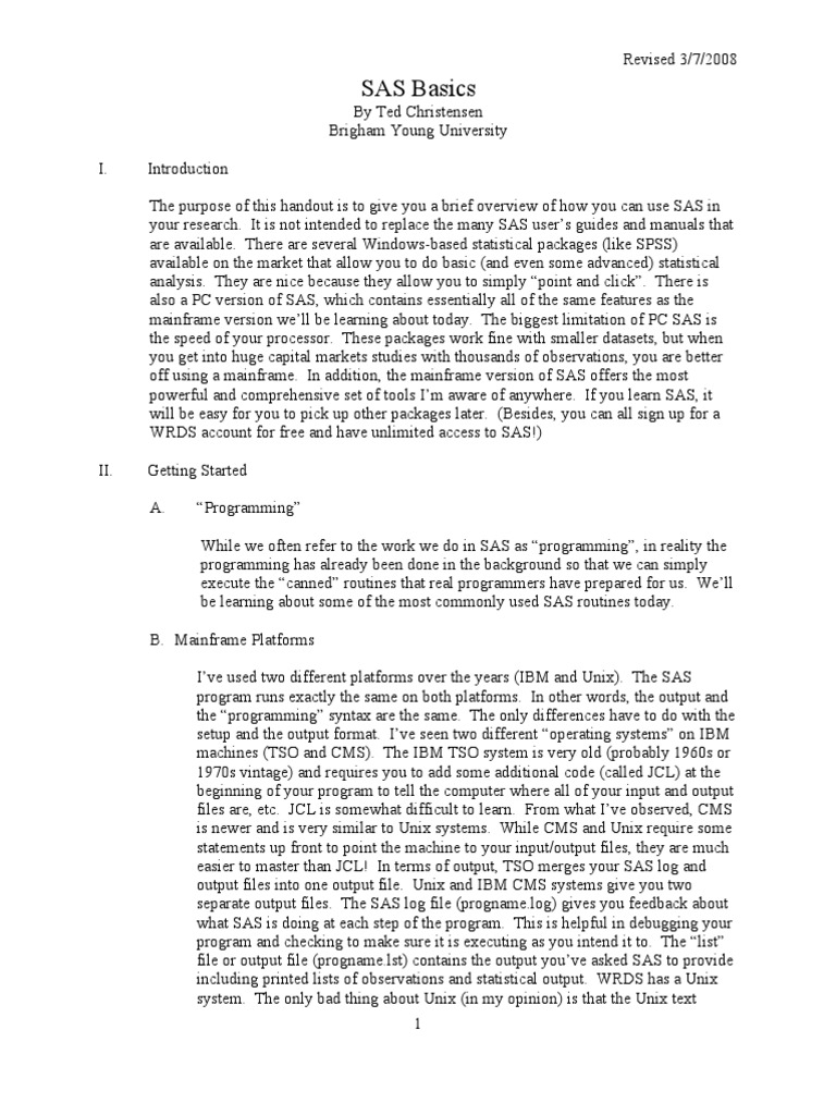 SAS Basics 3-7-08 | PDF | Sas (Software) | Student's T Test