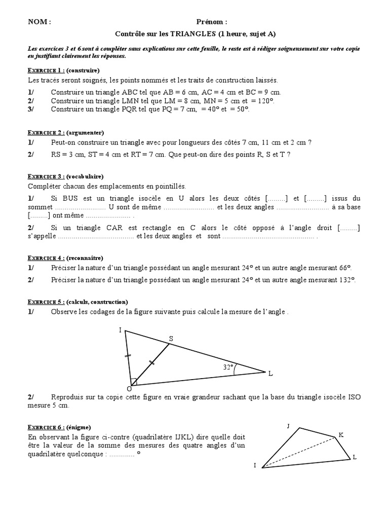 Contrôle sur les Triangles Isocèles | PDF | Triangle | Géométrie