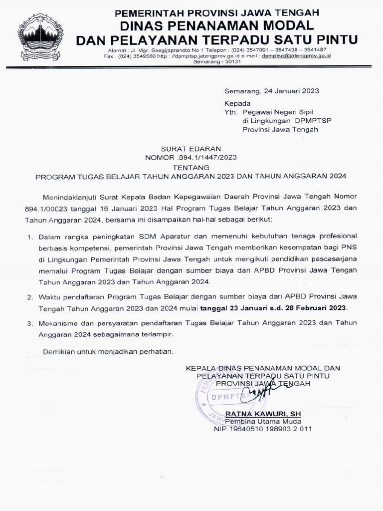 Program Tugas Belajar PNS Jateng 2023-2024 | PDF