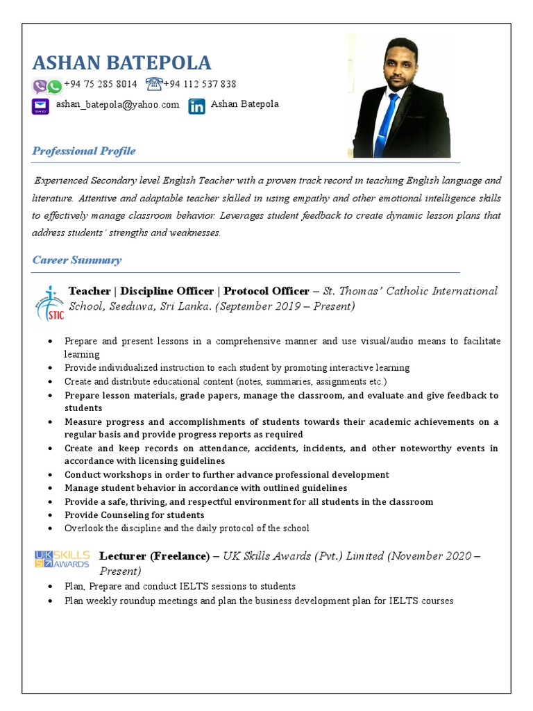 Ashan Batepola - CV Updated & Revised | PDF | Teachers | Lesson Plan