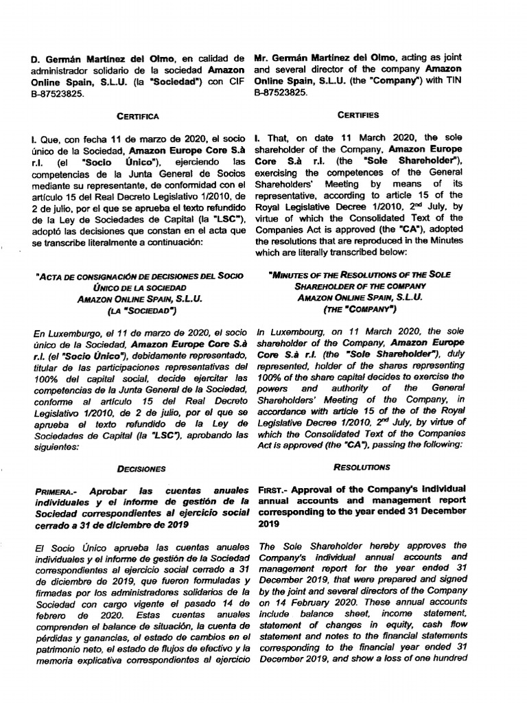 Resoluciones del Socio Único 2020 | PDF | Deuda | Activo intangible
