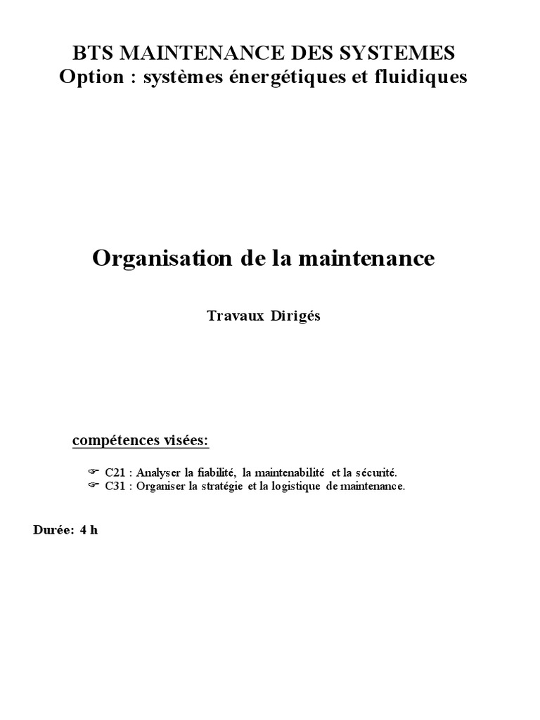 5894 TD Organisation de La Maintenance Bts Ms Option Sef | PDF | Ingénierie de fiabilité | Bases ...