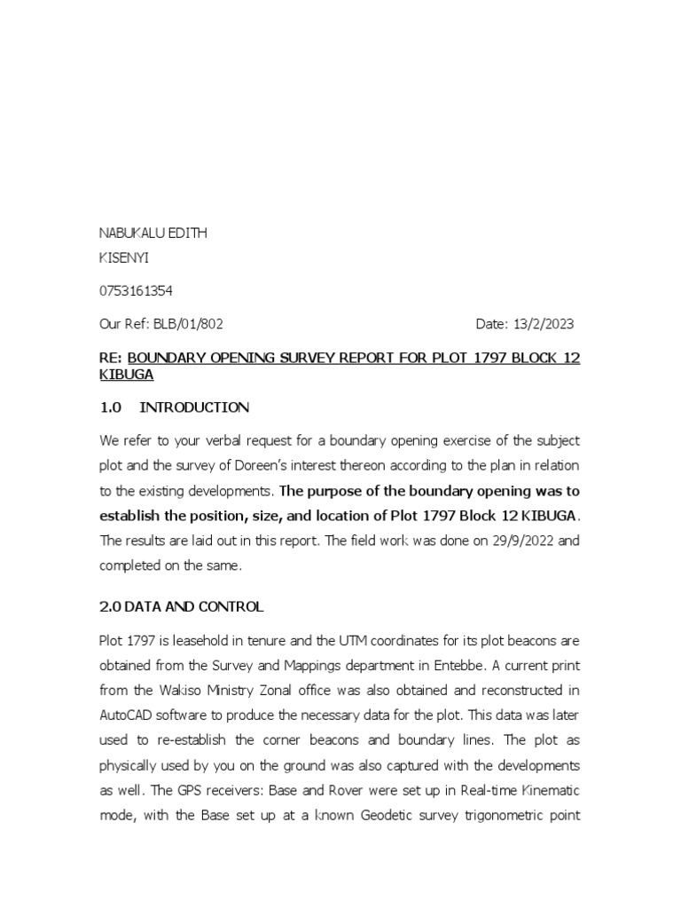 Boundary Opening Report For Plot 1797 Block 12 Kibuga | PDF | Surveying ...