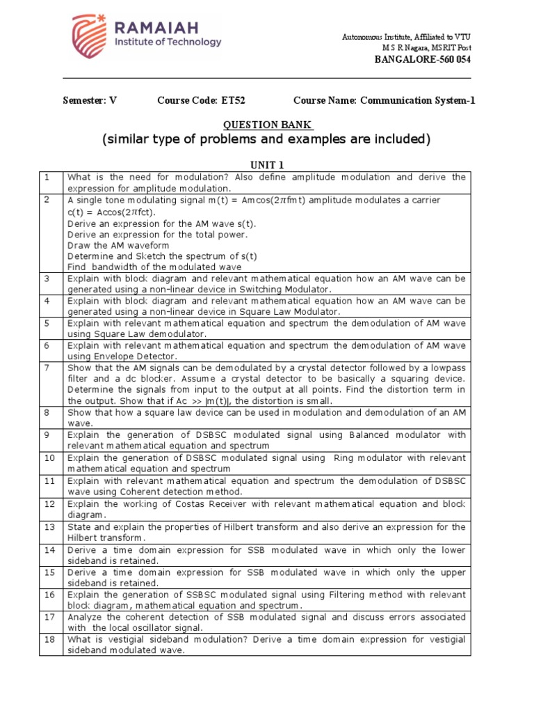 CS-1 Question Bank 2022 | PDF | Frequency Modulation | Sampling (Signal Processing)