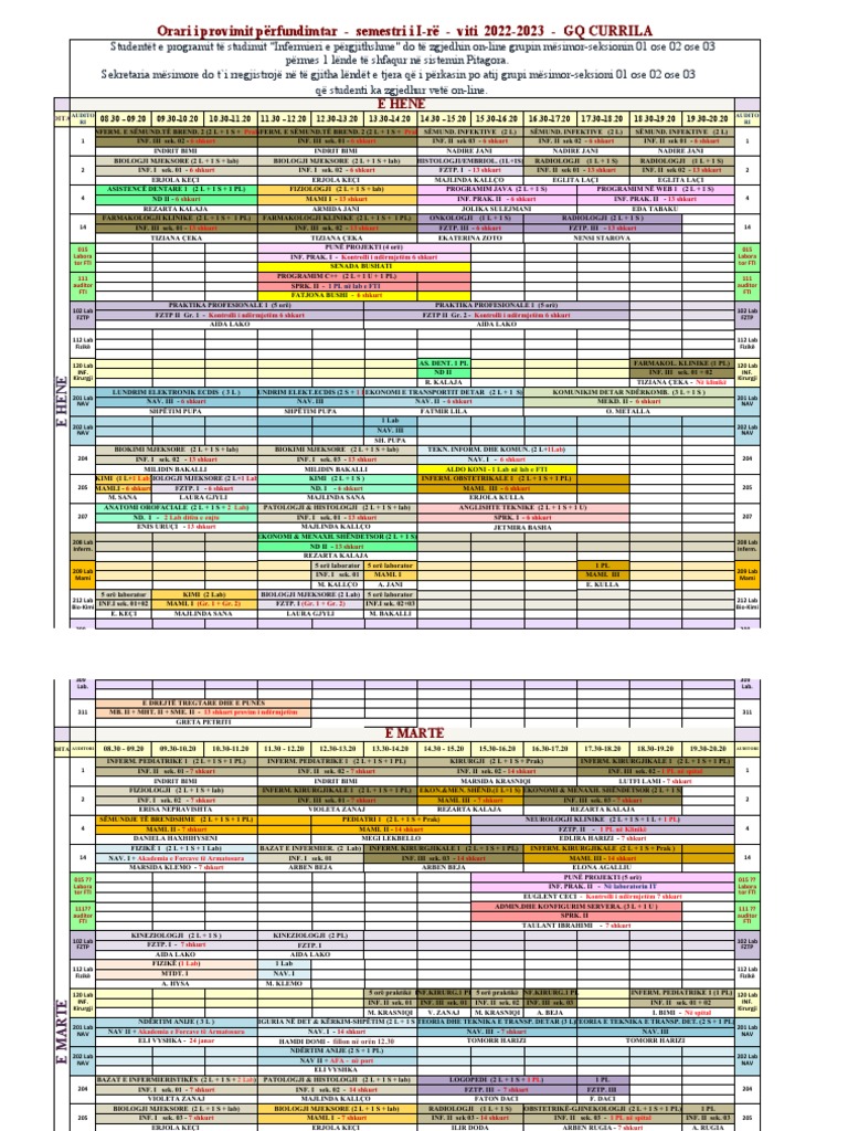 Orar GQ Currila Viti 2022 2023 Sem I Provimi Perfundimtar Shkurt | PDF