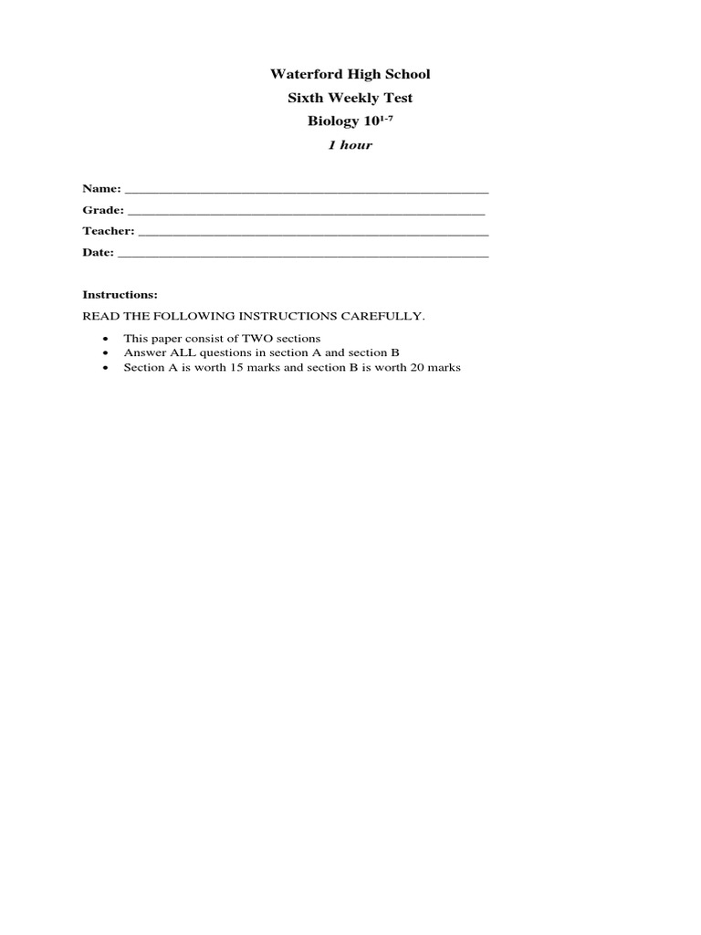 Waterford High School Biology Test | PDF | Cell (Biology) | Cytoplasm