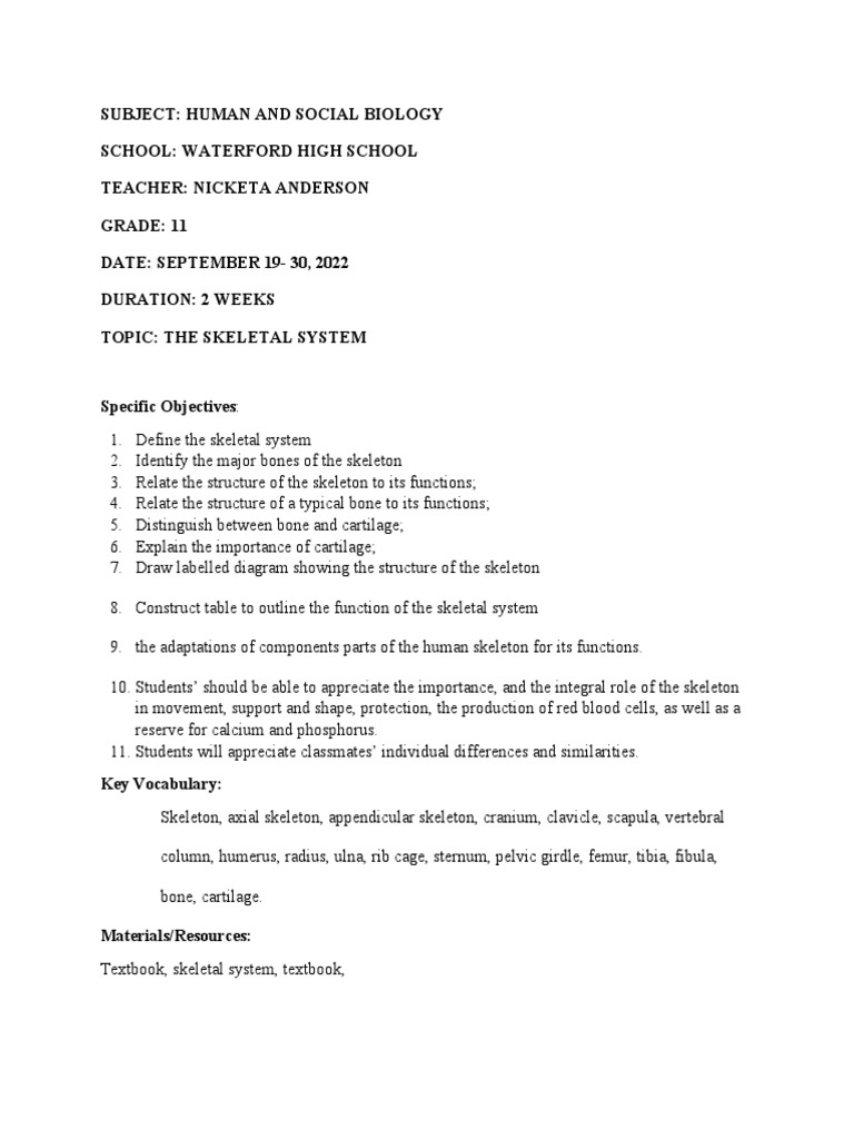 Skeletal System Lesson Plan | PDF | Vertebral Column | Bone