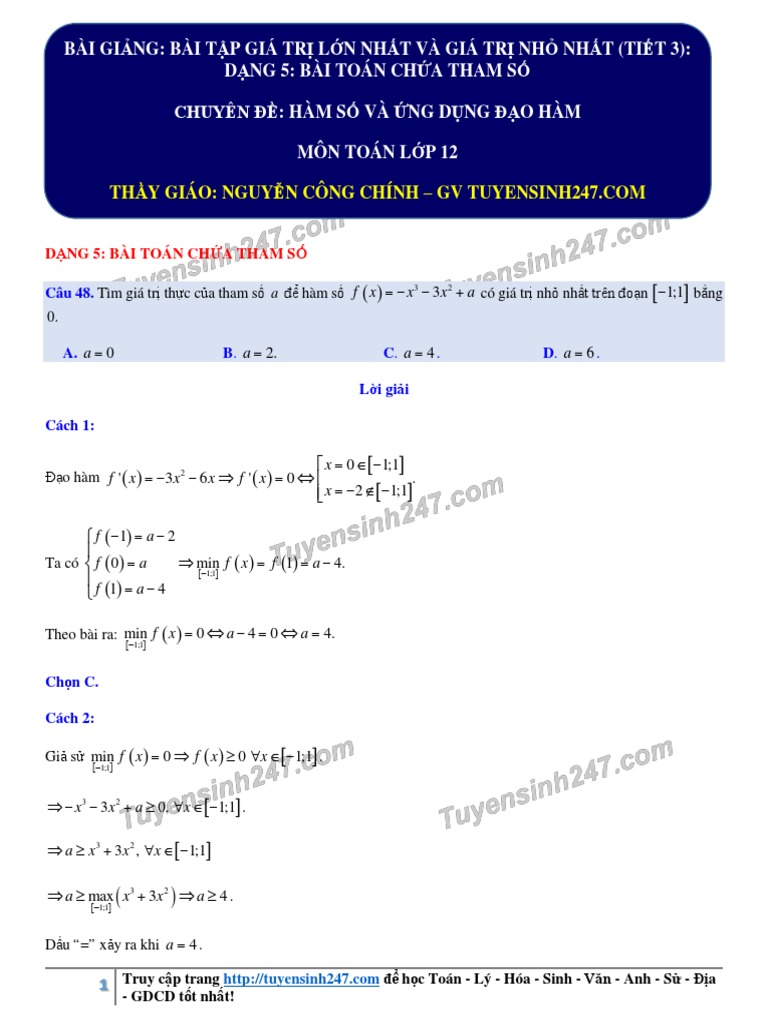 TS247 BG Gia Tri Lon Nhat Gia Tri Nho Nhat Cua Ham So Tiet 3 Dang 5 Bai Toan Chua Tham So 48394 ...