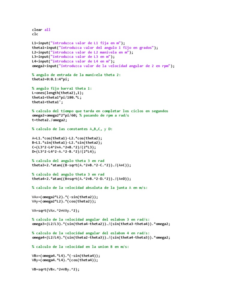 Codigo 4 Barras Matlab | PDF | Movimiento (física) | Aceleración