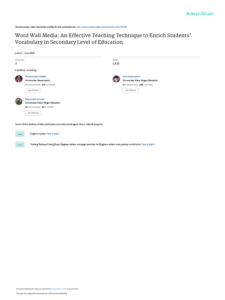 Word Wall Media: An Effective Teaching Technique To Enrich Students' Vocabulary in Secondary ...