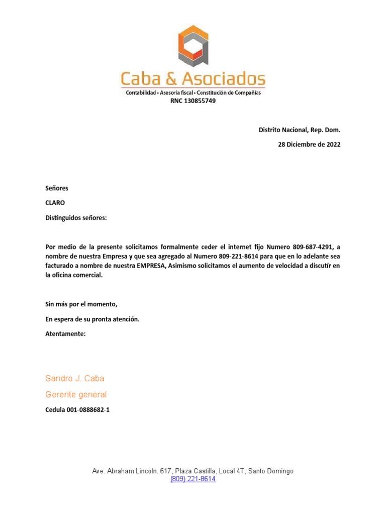 Modelo de carta solicitud a claro | PDF
