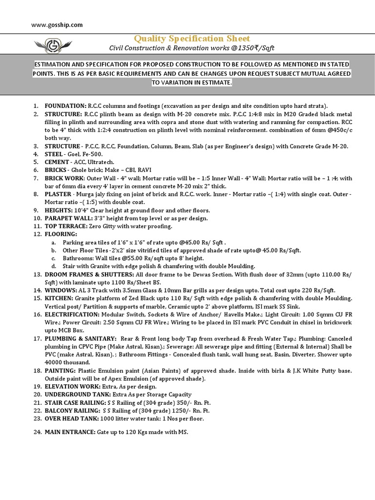 Civil Construction Quality Specs Sheet | PDF | Concrete | Plumbing