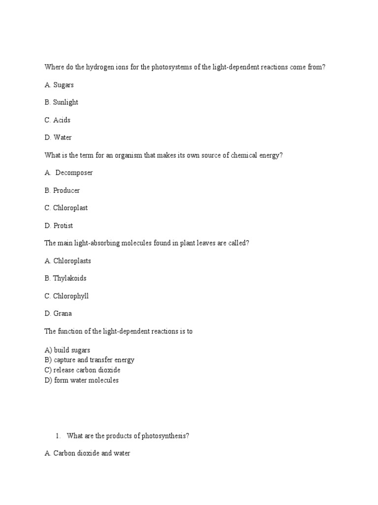 10 HSB Photosynthesis Questions | PDF