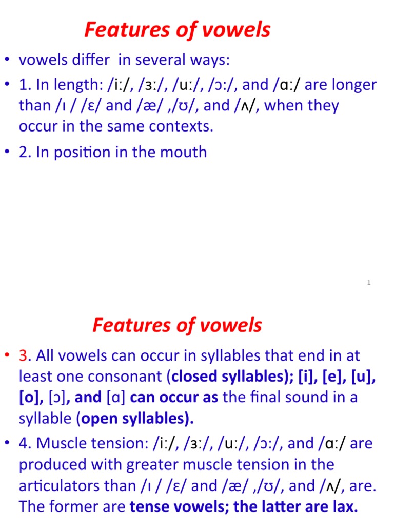 Features of Vowels | PDF | Syllable | Vowel