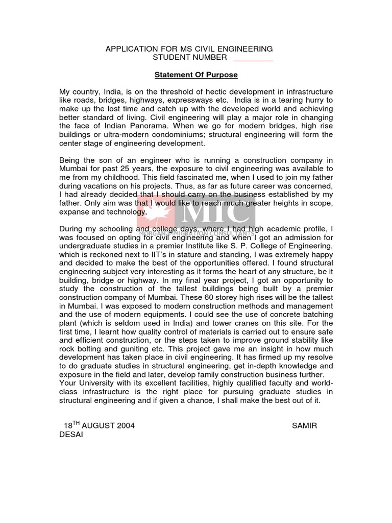 Statement of Purpose For MS Civil Engineering | PDF | Engineering | Civil Engineering