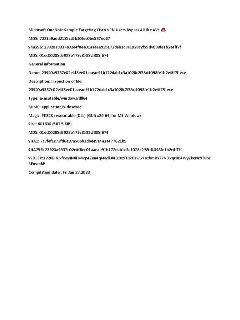 Microsoft OneNote Sample Targeting Cisco VPN Users Bypass All The AVs ? | PDF | Computing ...