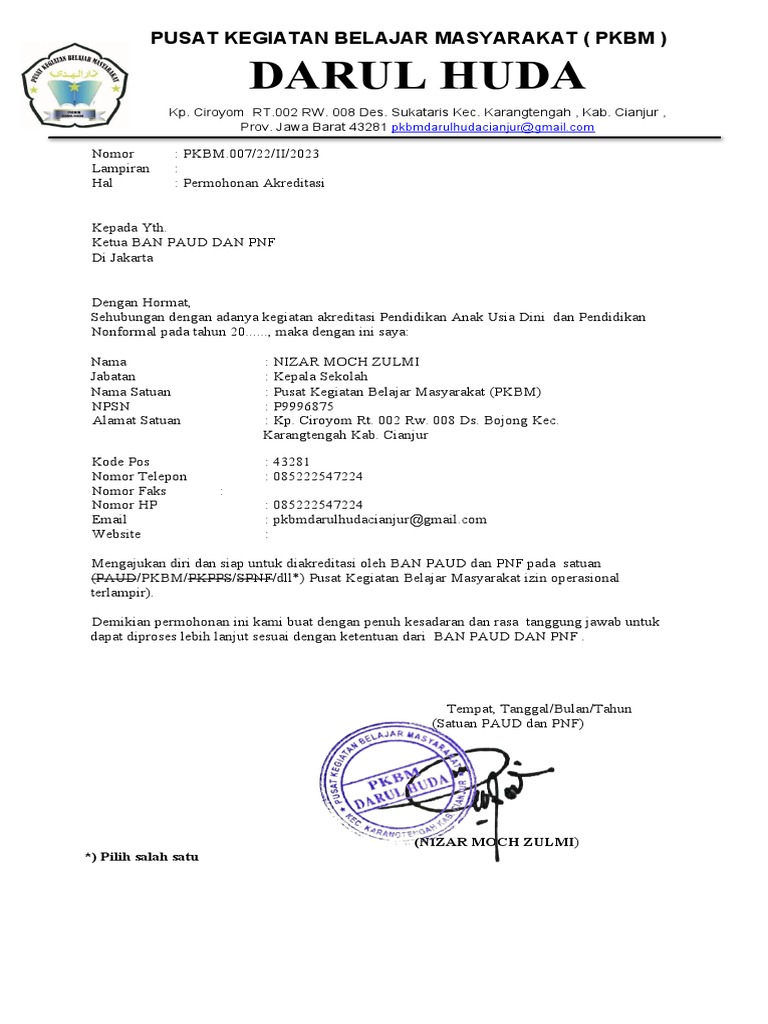 format_surat_permohonan_pengajuan_akreditasi_paud_pkbm(1) | PDF