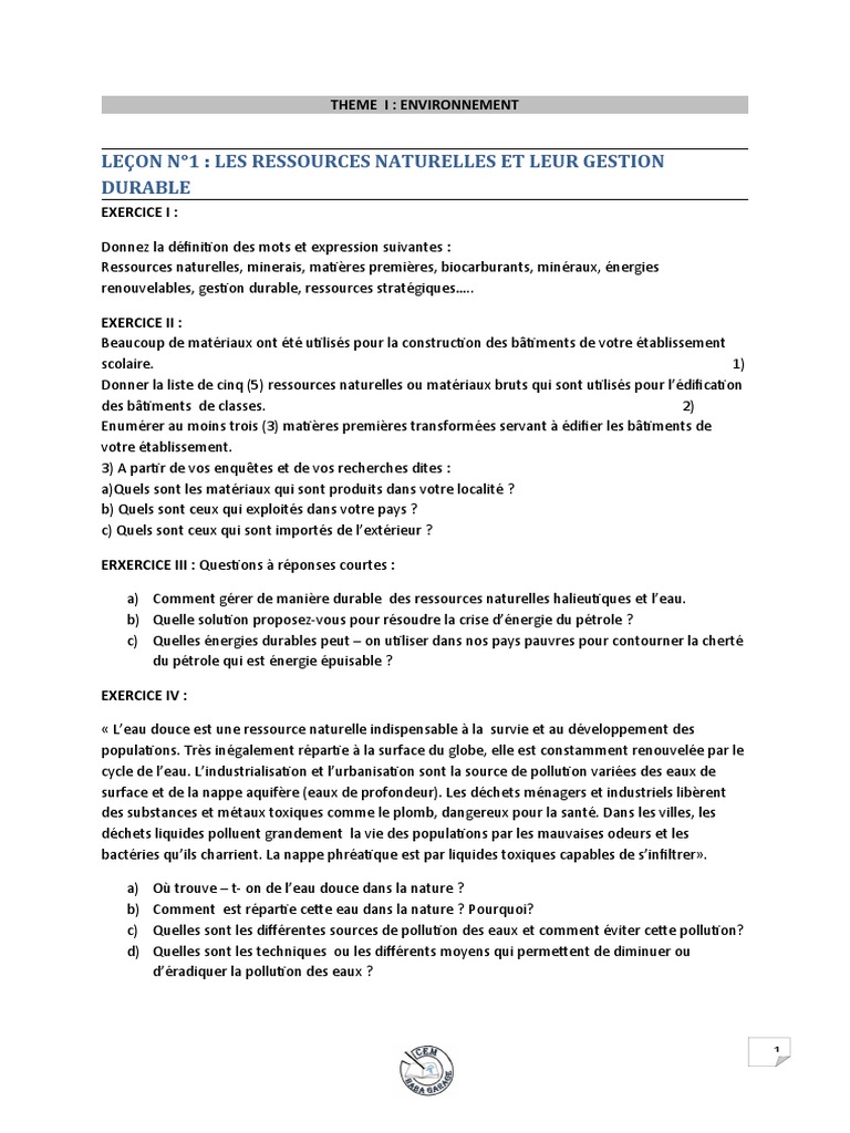 Exercices corrigés SVT 4ème: Ressources naturelles | PDF | Volcan | Lave