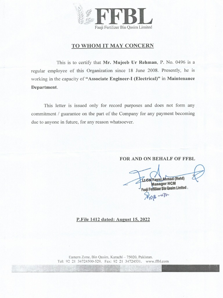 FFBL Experience Letter | PDF