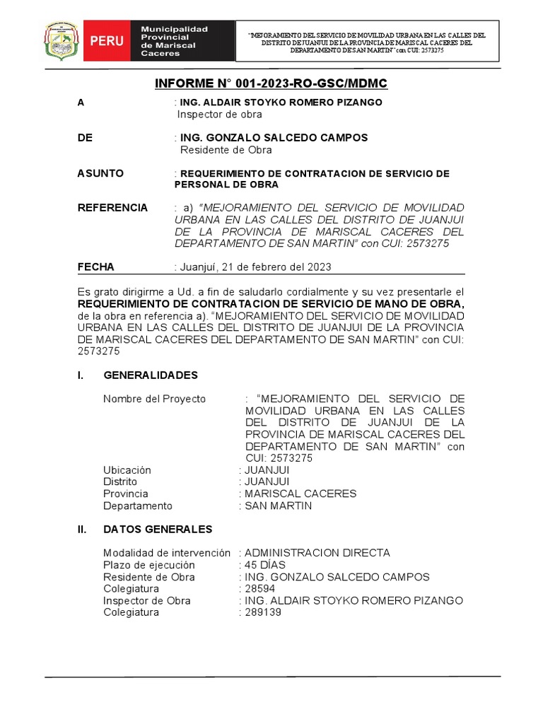 Informe #001.2023.ro - GSC.MPMC Req Mano de Obra | PDF
