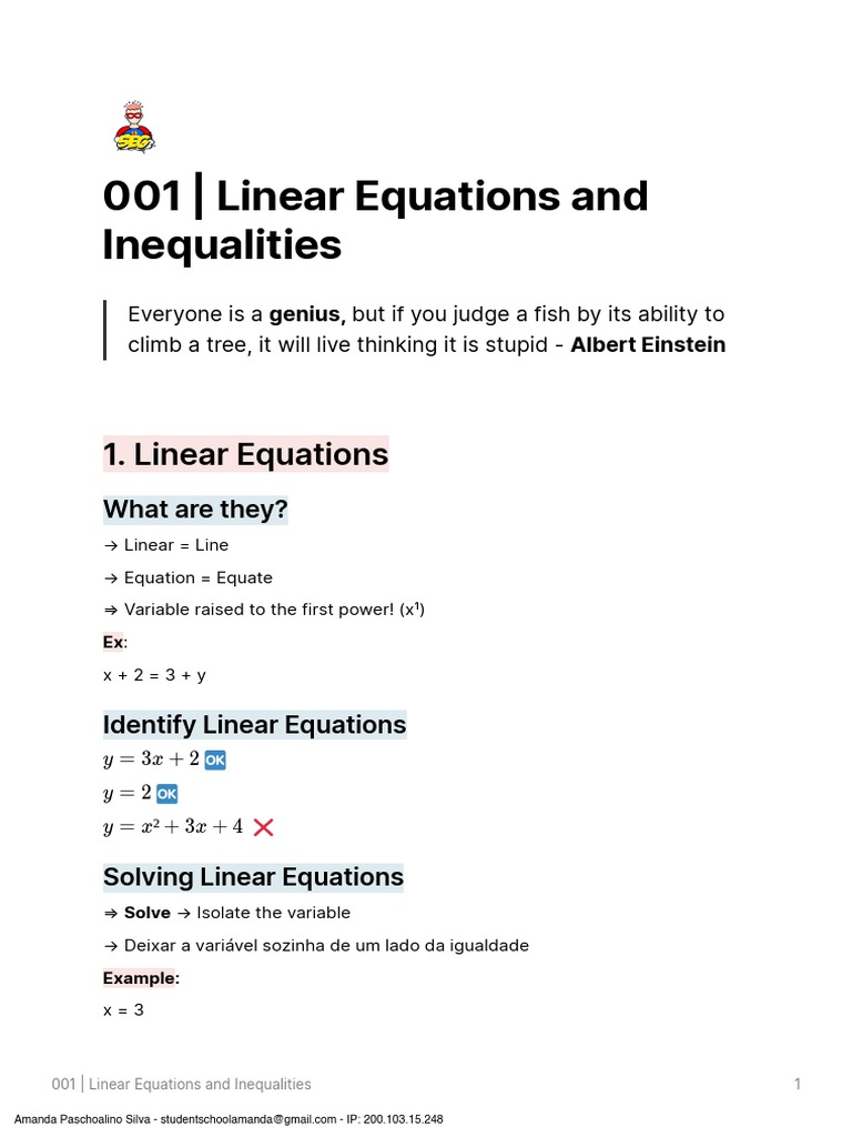 001 Linear Equations and Inequalities | PDF | Inequality (Mathematics ...