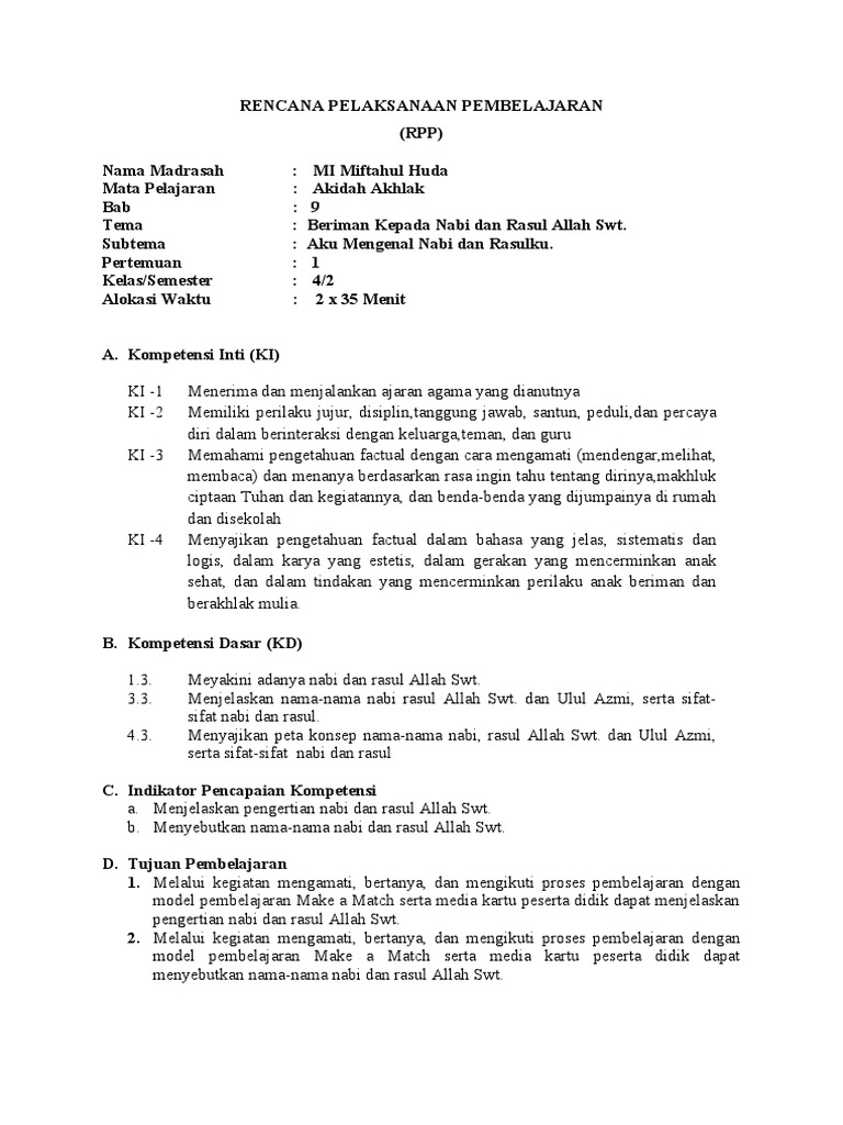 RPP Akidah Akhlak: Mengenal Nabi dan Rasul | PDF
