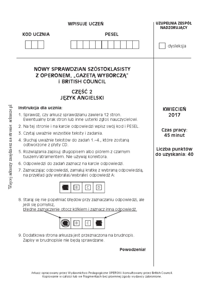 Jezyk Angielski 2017 Sprawdzian Szostoklasisty Operon | PDF