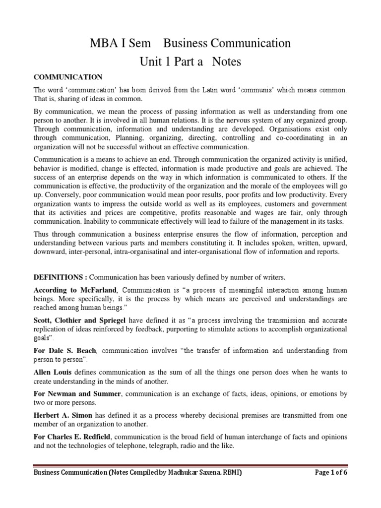 MBA I Sem Business Communication Unit 1 Part A | PDF | Communication | Code