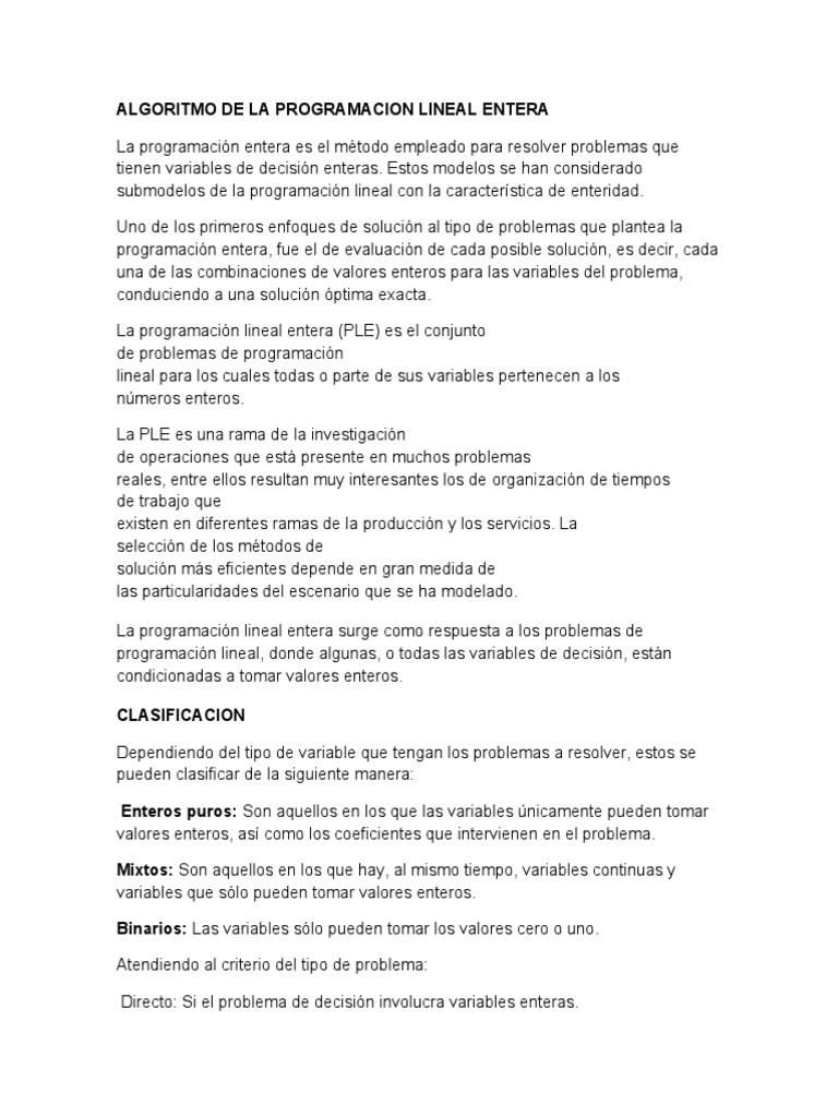 Programación Lineal Entera: Métodos y Clases | PDF | Programación ...