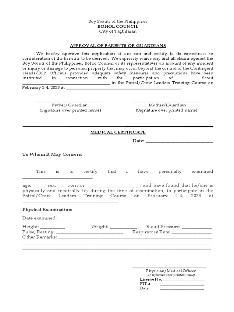 Parental Approval and Medical Certificate | PDF | Health Care | Medicine