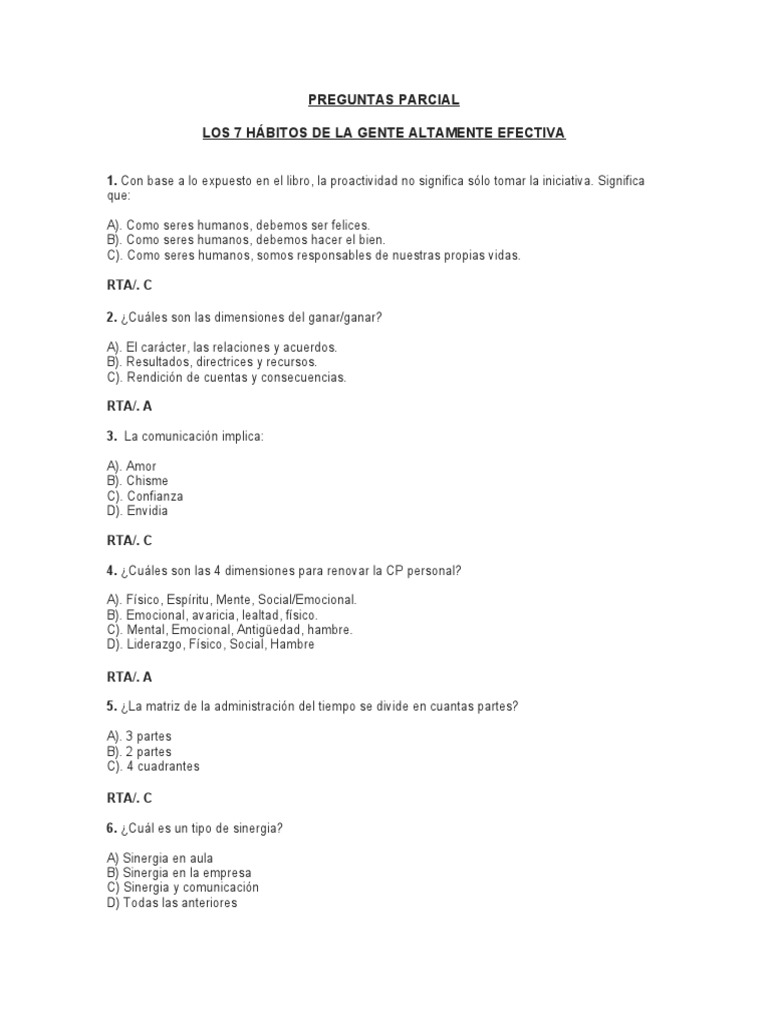 Preguntas Los 7 Hábitos de La Gente Altamente Efectiva | PDF ...