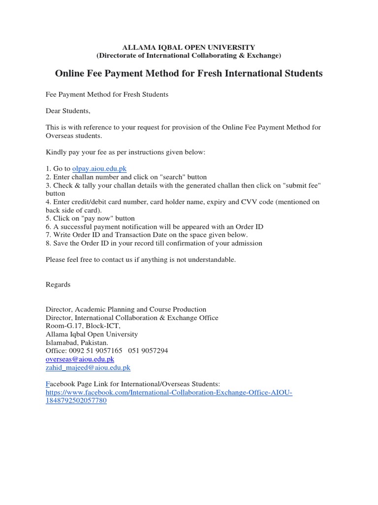 Online Fee Payment Method For Fresh International Students | PDF